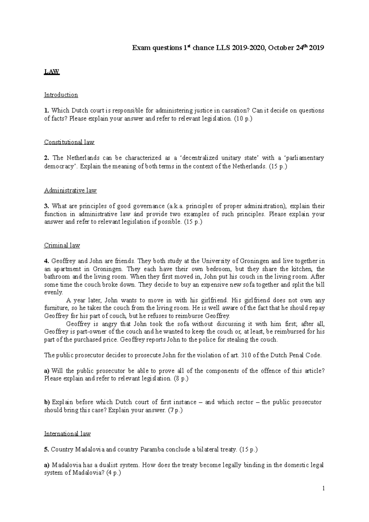 Mock Exam Questions: Law and Legal Skills LLS 2019-2020 - Studeersnel