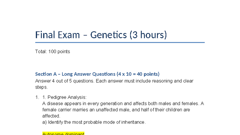 Genetics Final Exam (BIO 101) - Comprehensive Lecture Notes - Studocu