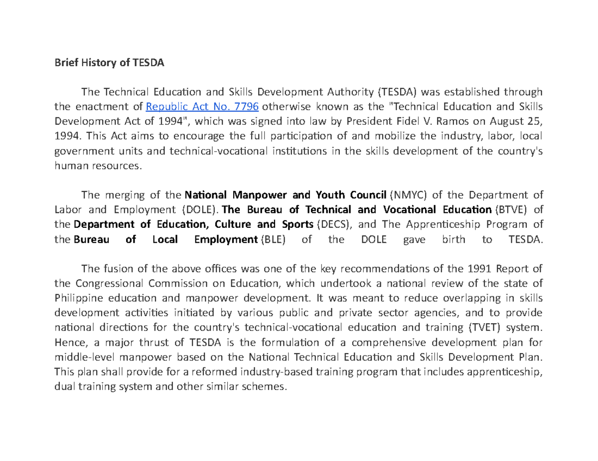 Brief History of Tesda - Brief History of TESDA The Technical Education ...