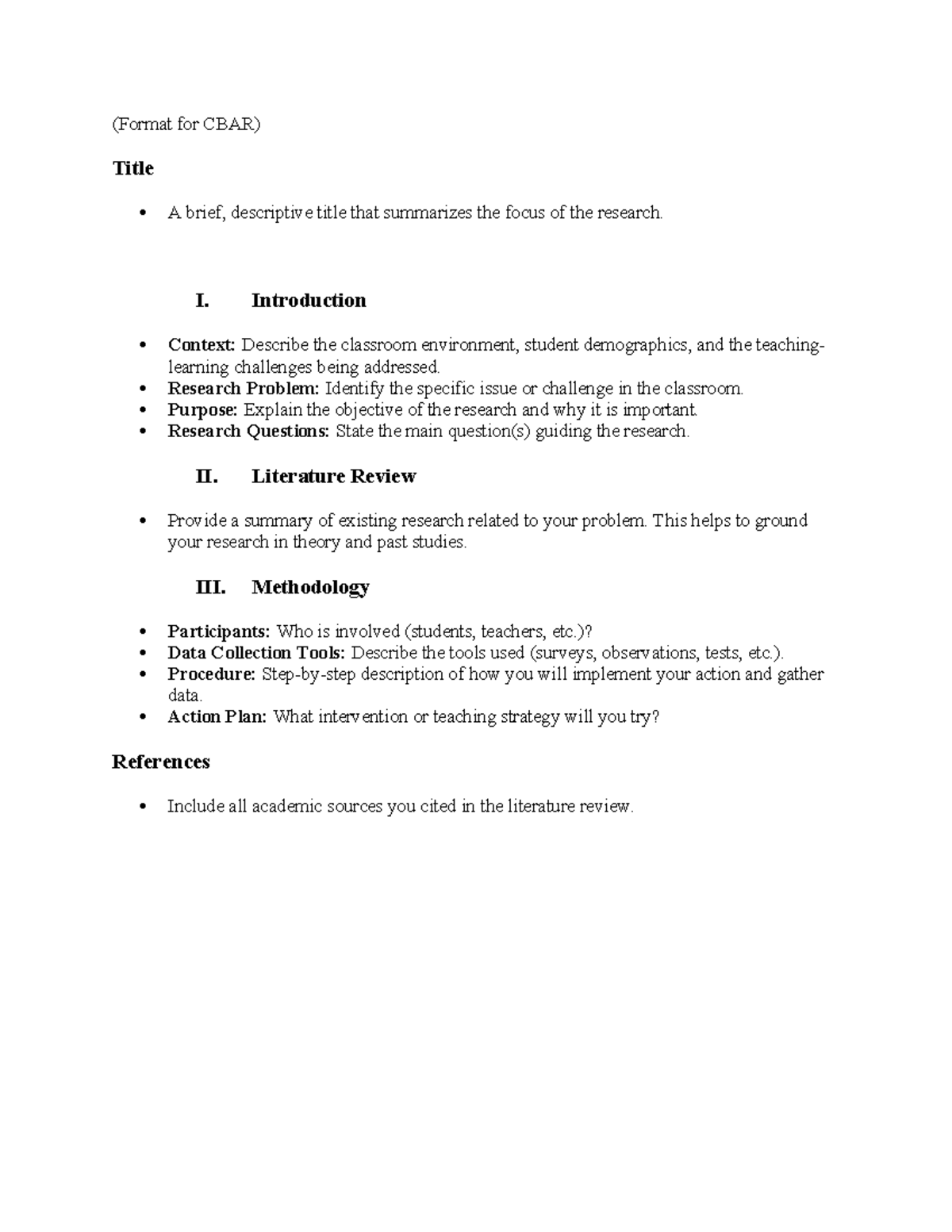 CBAR Format: Research Framework for Classroom Challenges - Studocu
