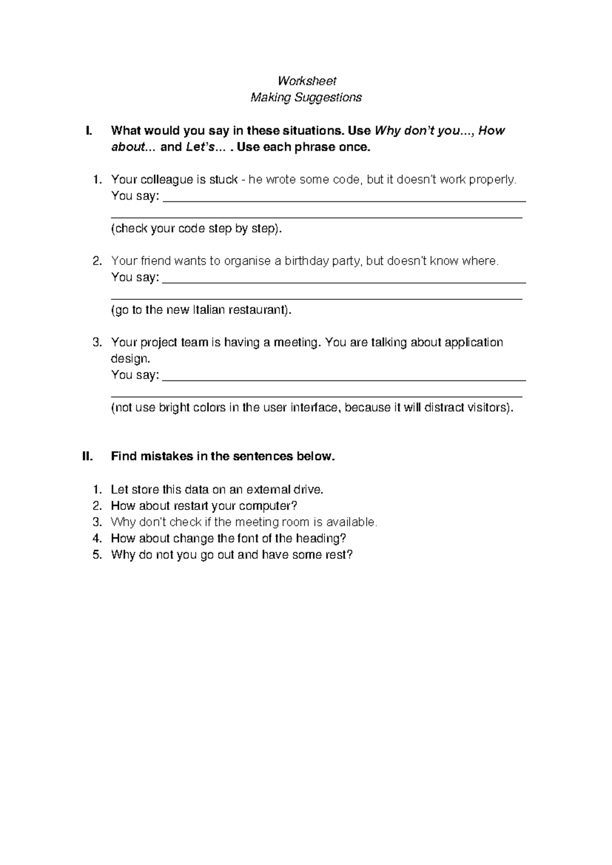 Practice Worksheet: Making Suggestions & Correcting Sentences - Studocu