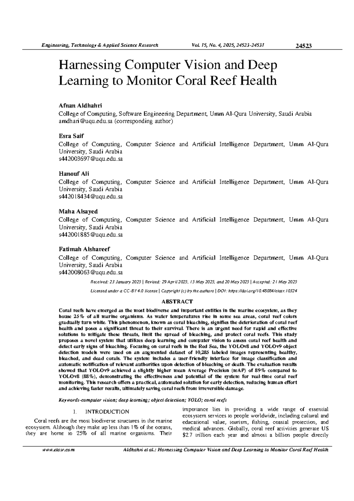 Engineering, Technology Applied Science Research: Coral Reef Health ...