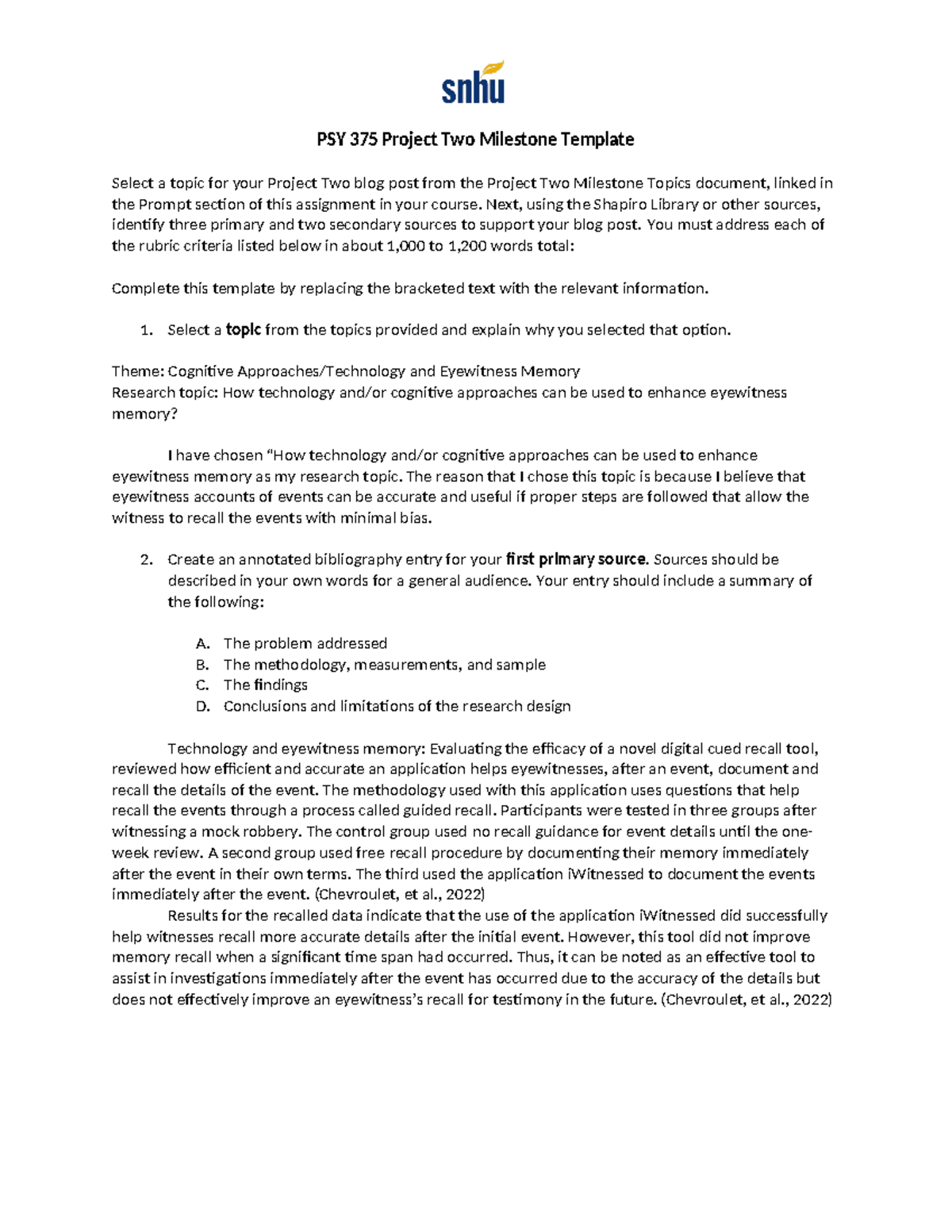 PSY 375 Project 2 Milestone: Enhancing Eyewitness Memory Techniques ...