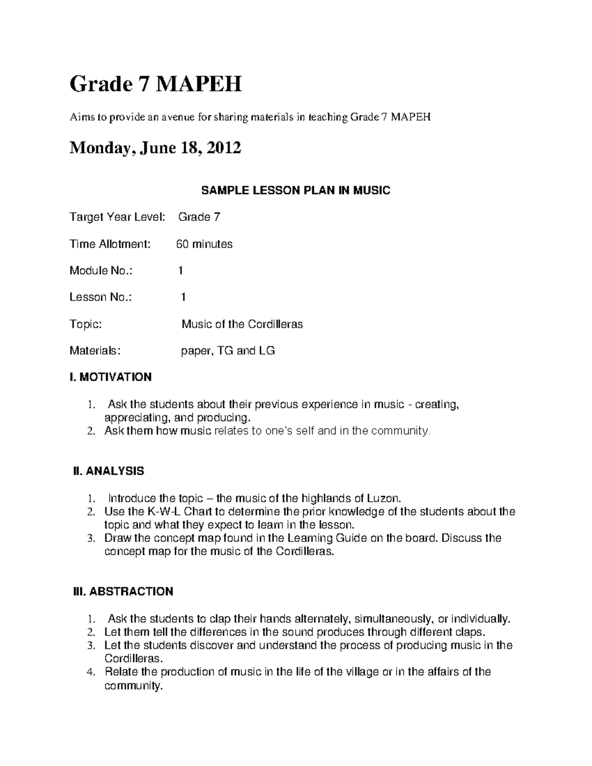 Lesson Plan Sample - Grade 7 MAPEH Aims to provide an avenue for ...