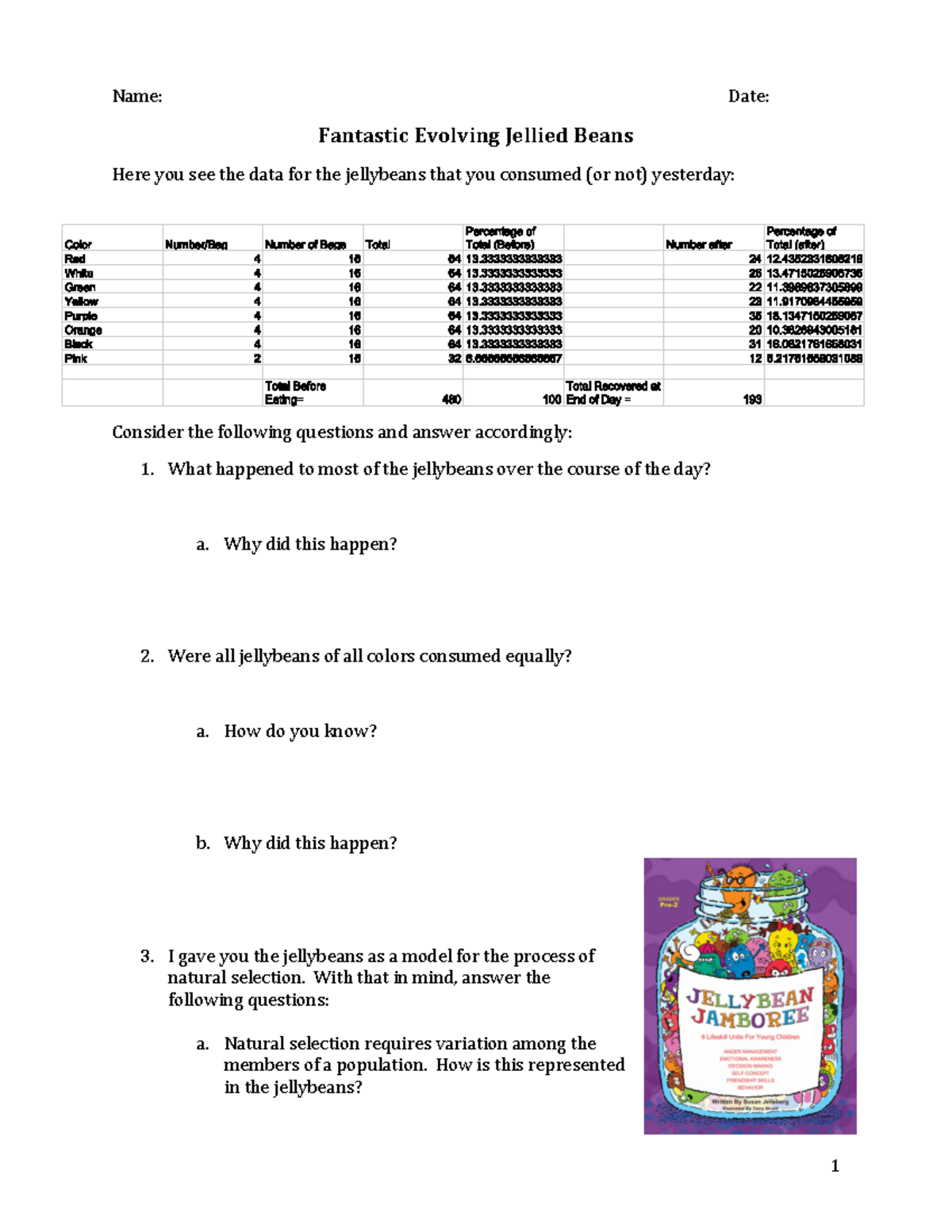 AP - Handout on Jelly Bean Evolution & Natural Selection Principles ...