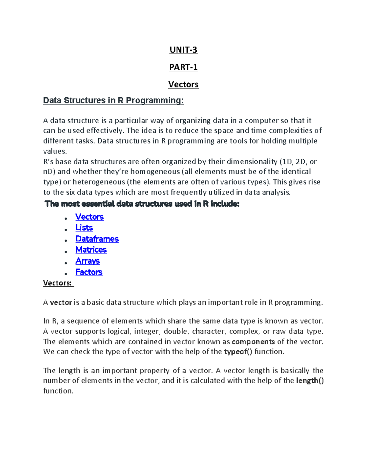 Unit 3 sir - dcd - UNIT- PART- Vectors Data Structures in R Programming ...