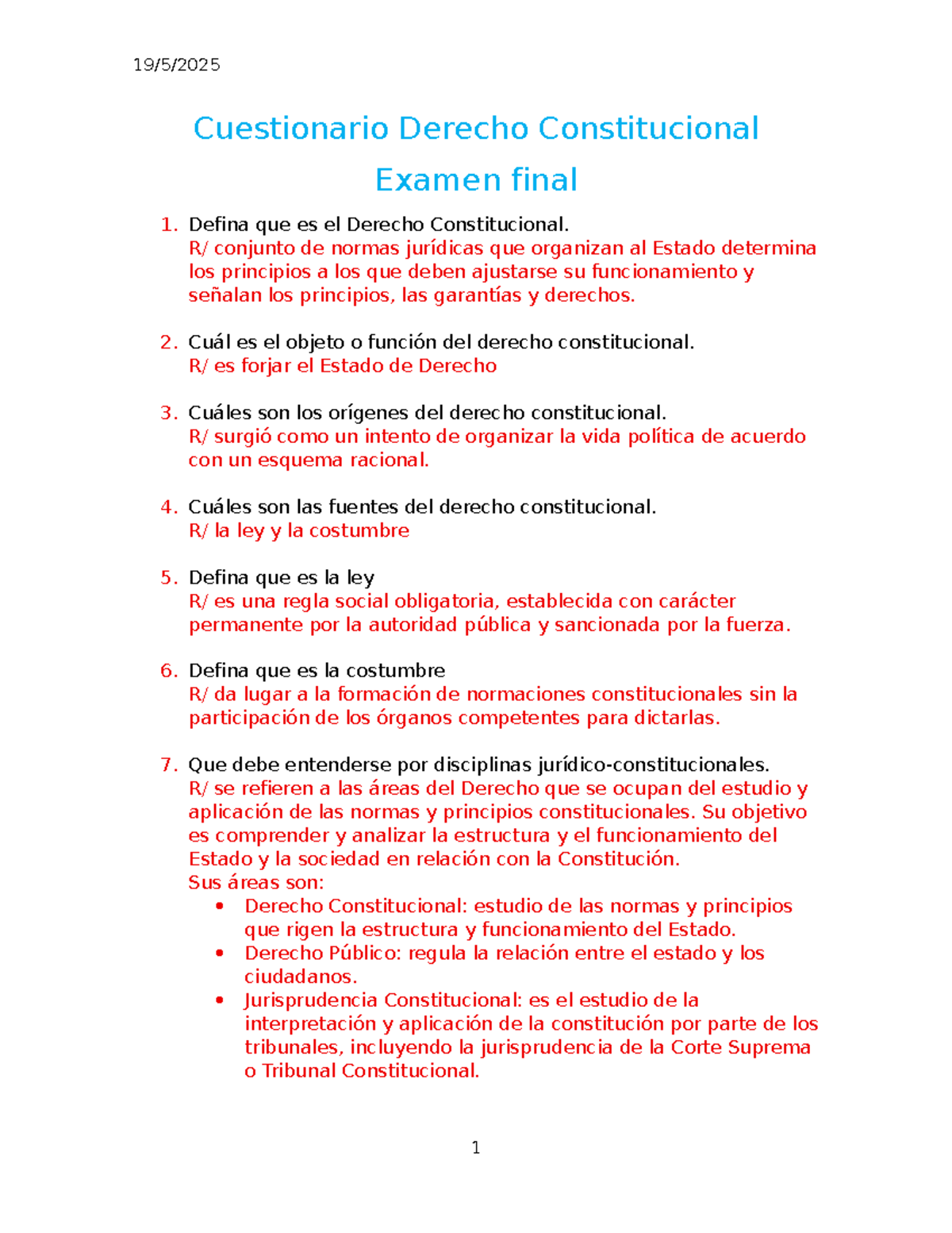 Cuestionario Examen Final Derecho Constitucional 1 - Studocu