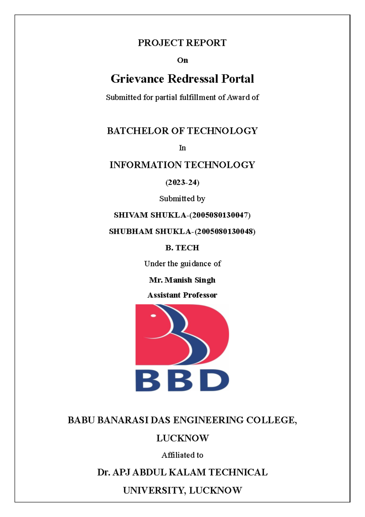Grievance Redressal Portal Project Report - B.Tech IT (2023-2024) - Studocu