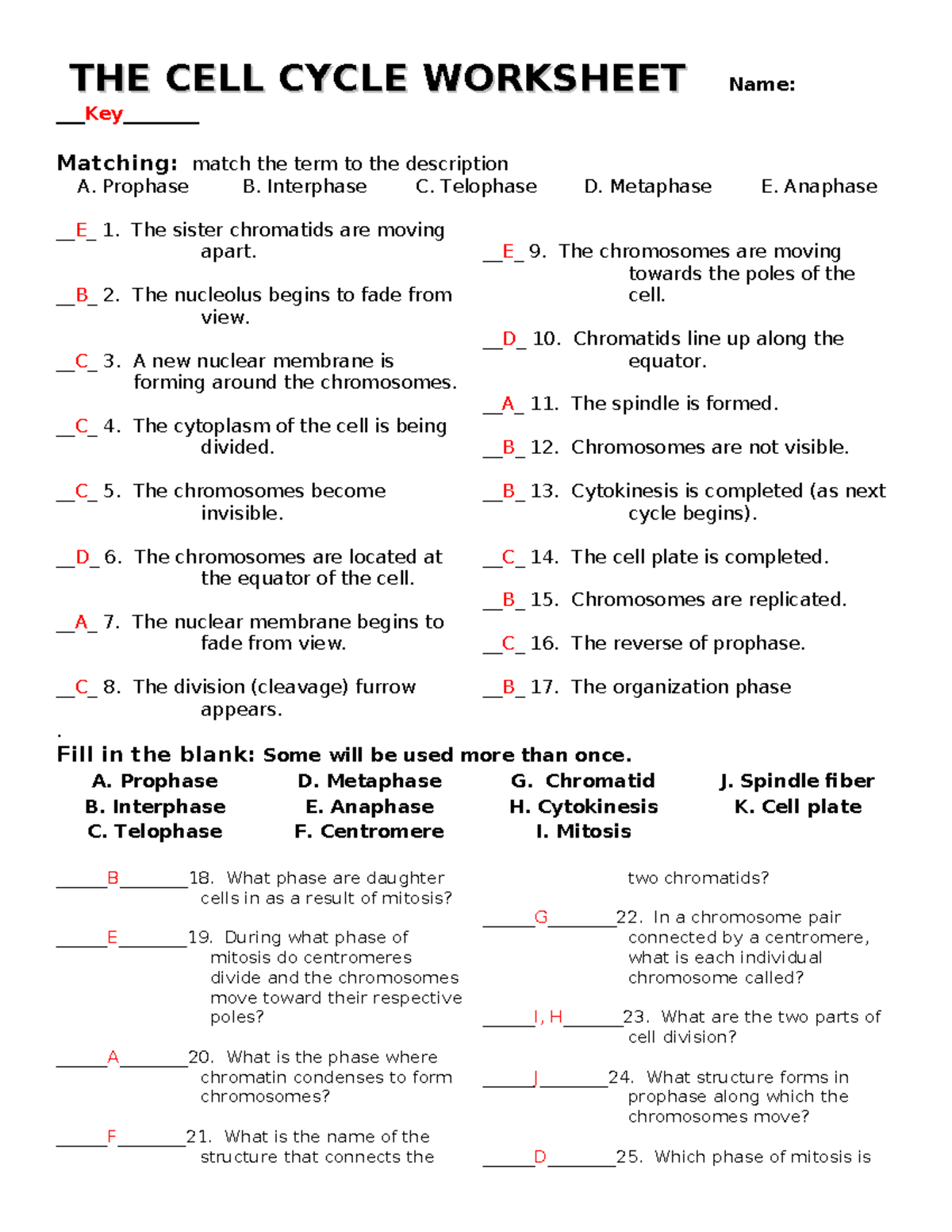 Cell Cycle Worksheet with Answers - Biology A01 - Studocu