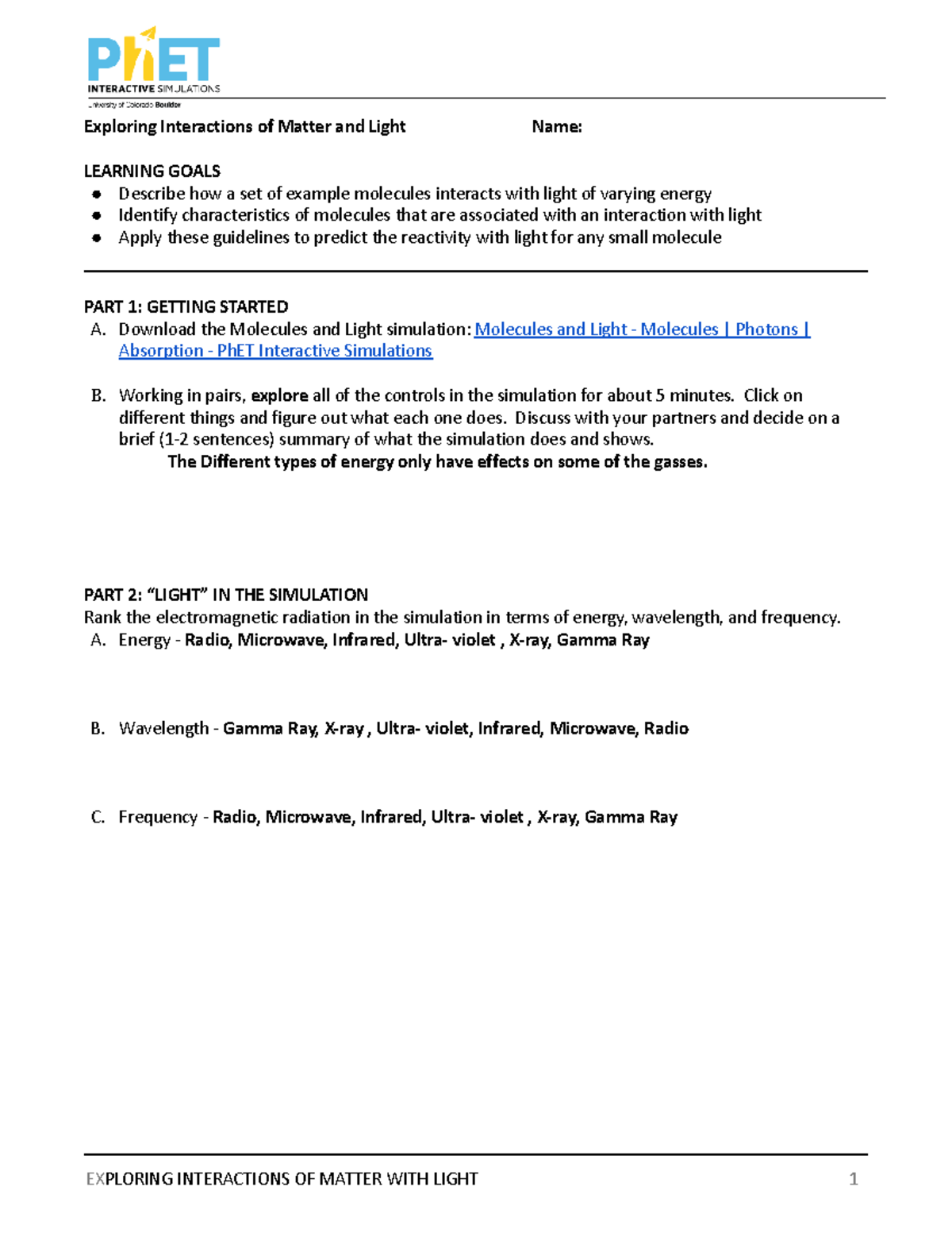 Molecules And Light Guided Inquiry Student Handout - Exploring ...