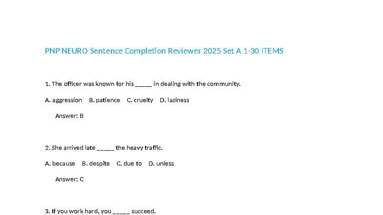 PNP NEURO Sentence Completion Reviewer 2025 Set A Items - Studocu
