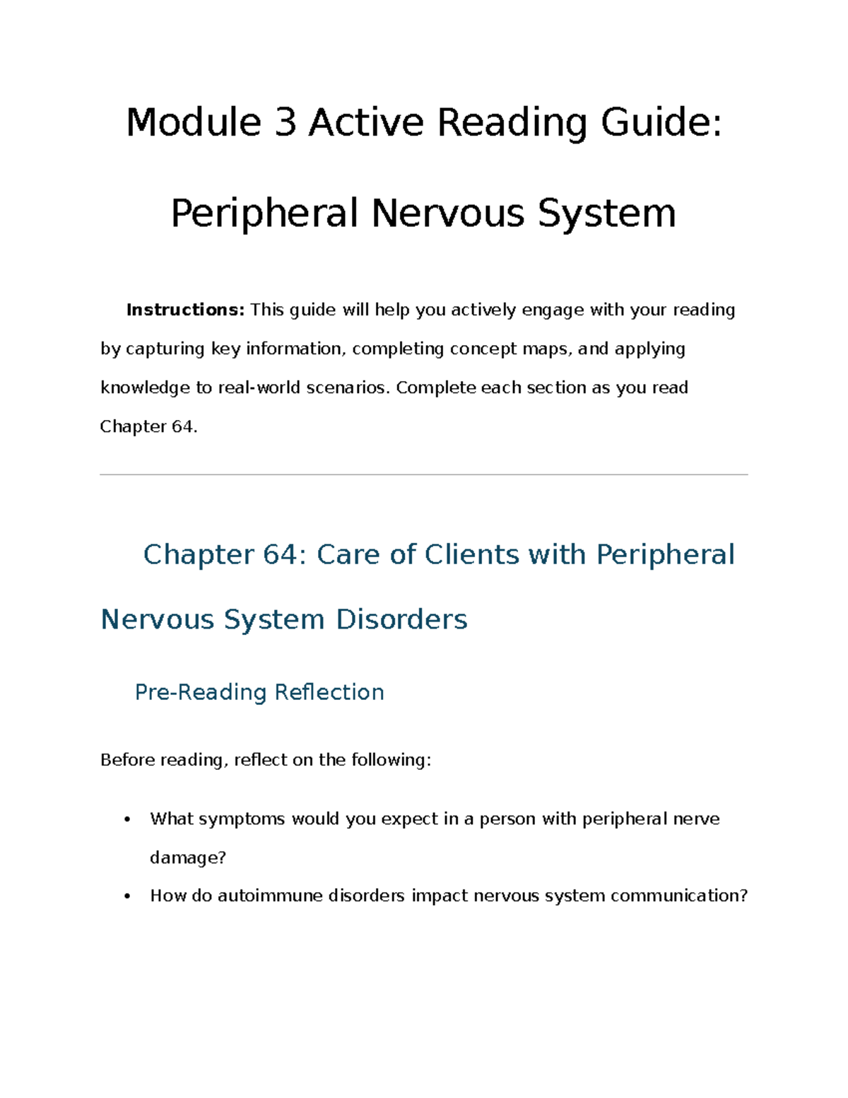 NUR2755 Module 3 Active Reading Guide: Peripheral Nervous System ...