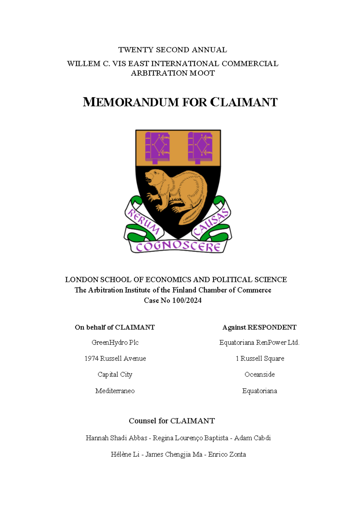 LSE 22nd Annual Willem C. Vis Moot Memorandum for Claimant - Studocu