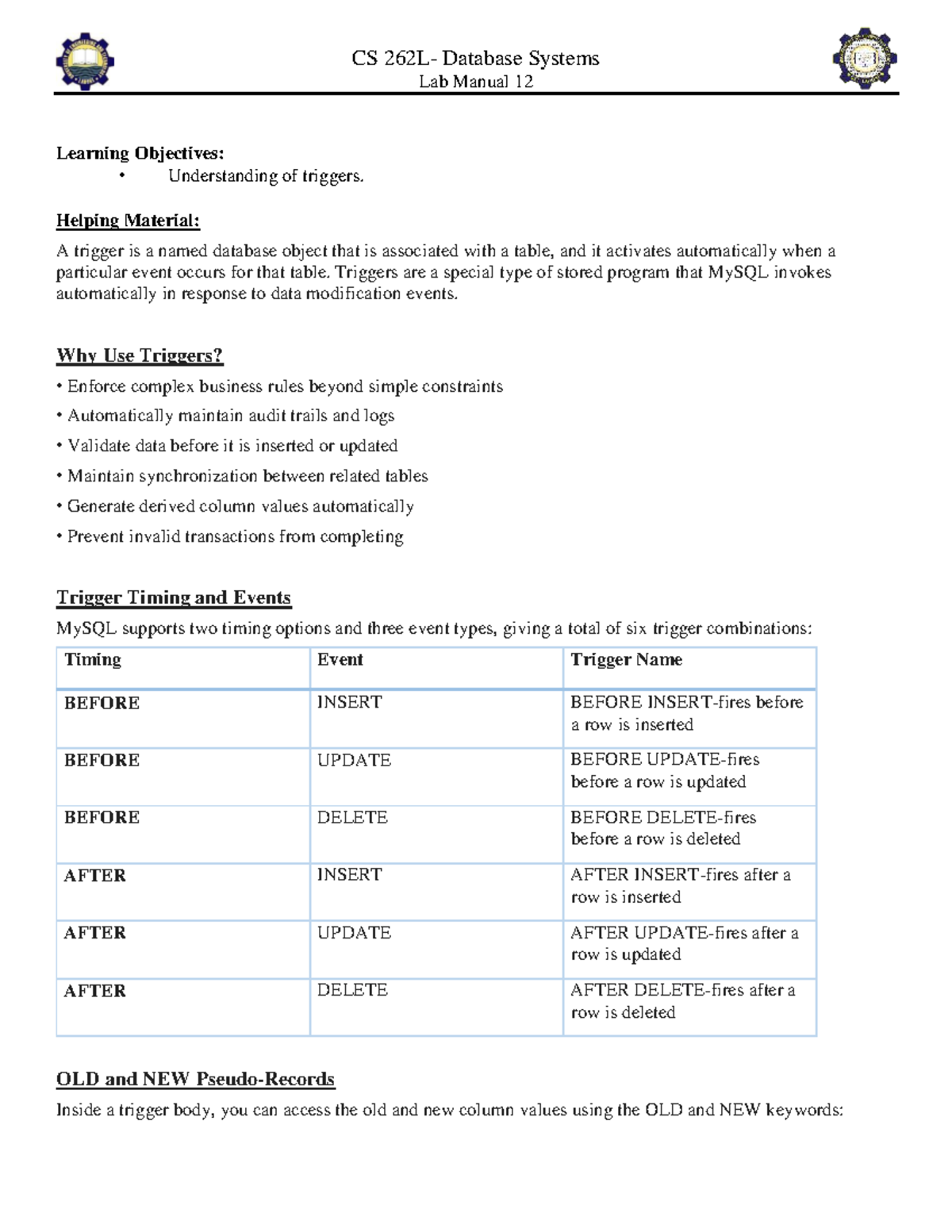 CS Database Systems Lab Manual: Week 12 - Triggers Overview - Studocu