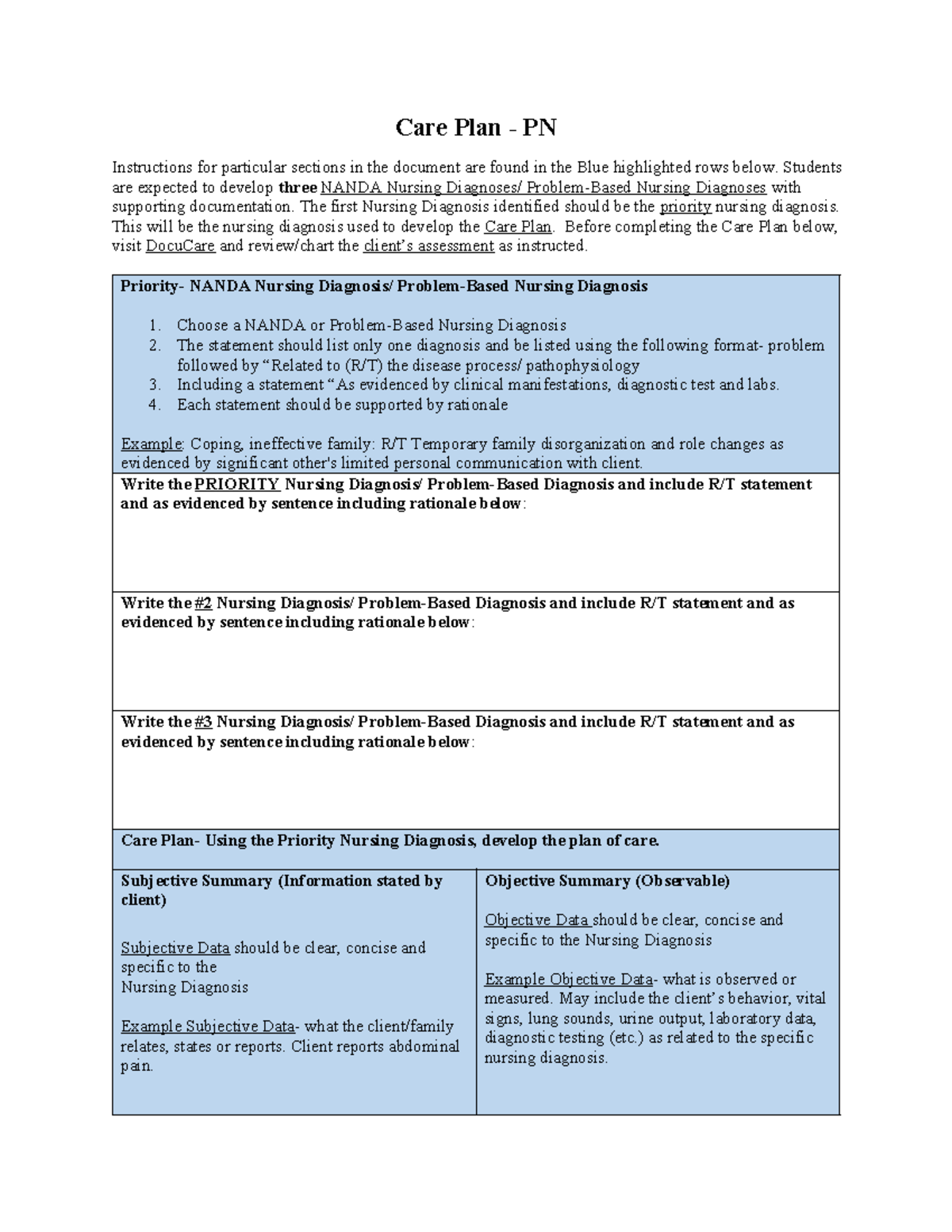 PN Care Plan Instructions: Developing NANDA Diagnoses & Interventions ...