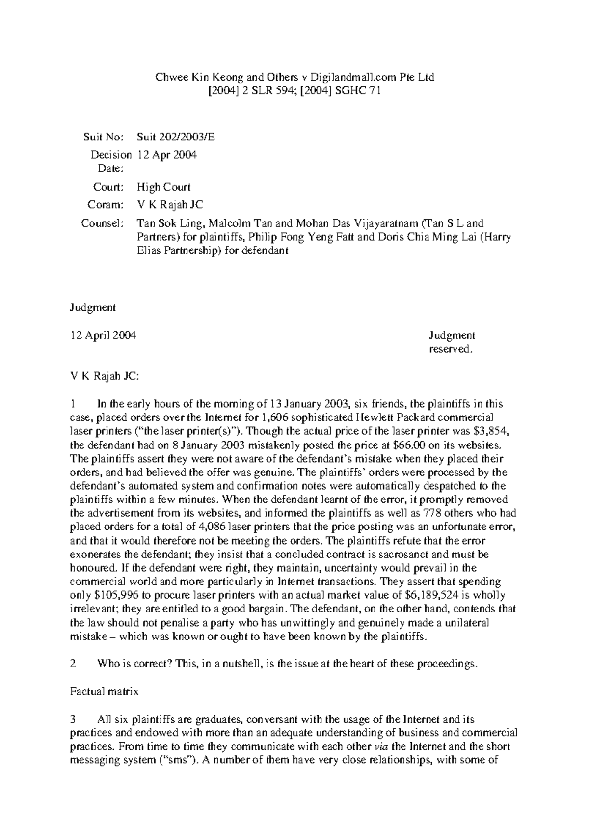 Case Study: [2004] SGHC 71 - Chwee Kin Keong v Digilandmall.com ...