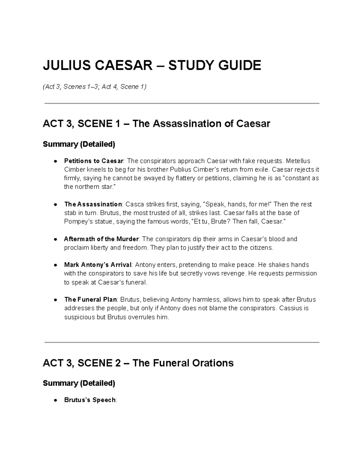 Julius Caesar Study Guide: Act 3 & Act 4 Summary (Class 10 ICSE) - Studocu