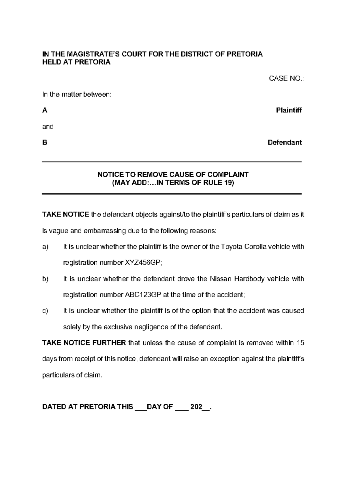 Notice of Exception - Drafting in the Magistrate's Court - Studocu