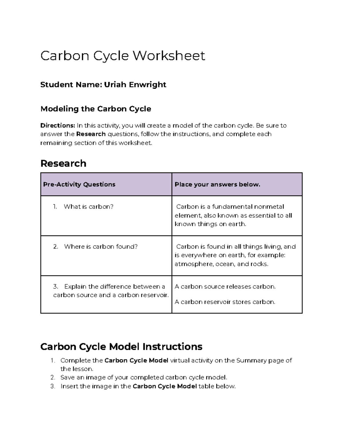 Carbon Cycle Worksheet - 4.05 Model & Research Questions - Studocu