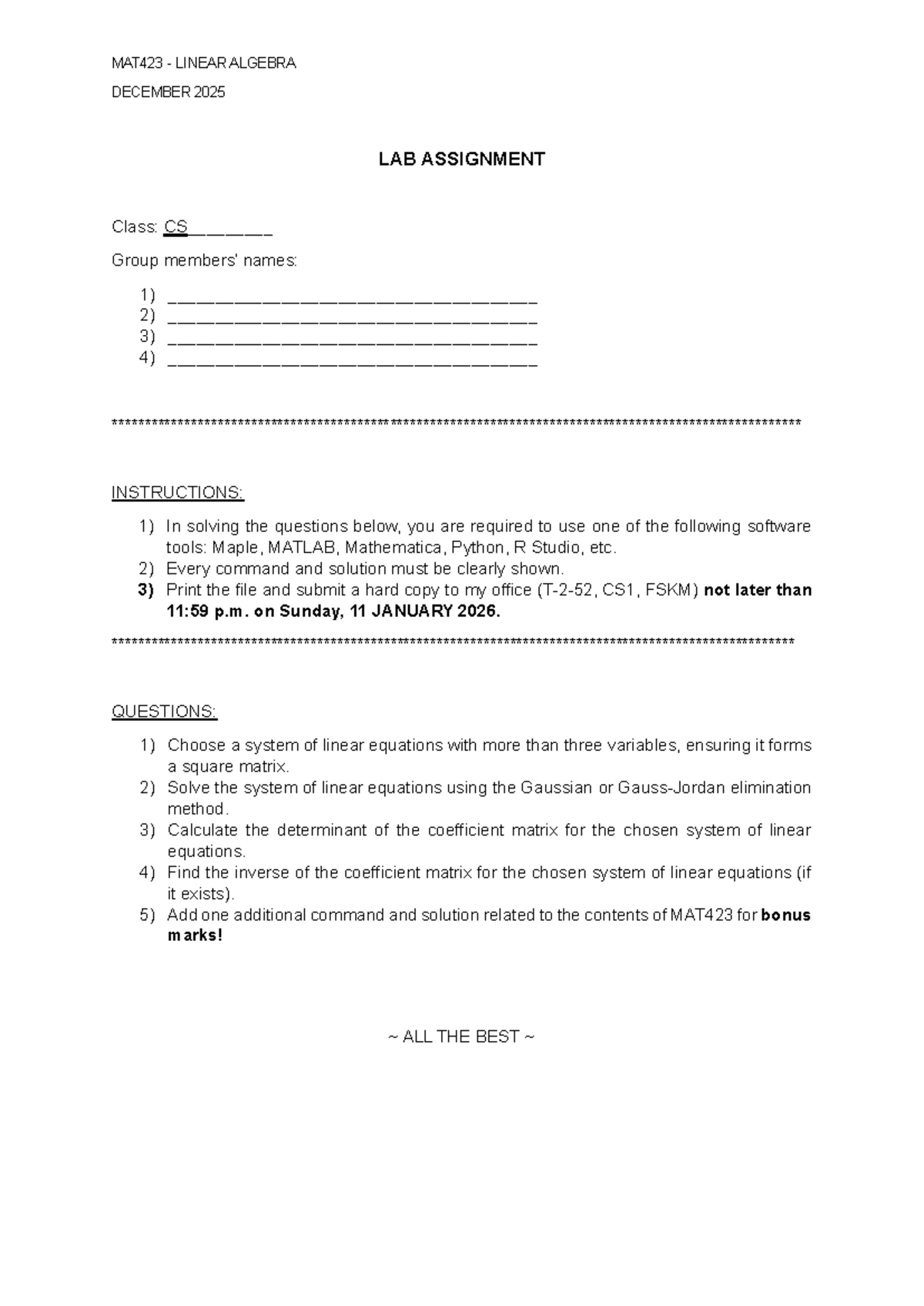 MAT423 LAB ASSIGNMENT: LINEAR ALGEBRA SOLUTIONS DEC 2025 - Studocu