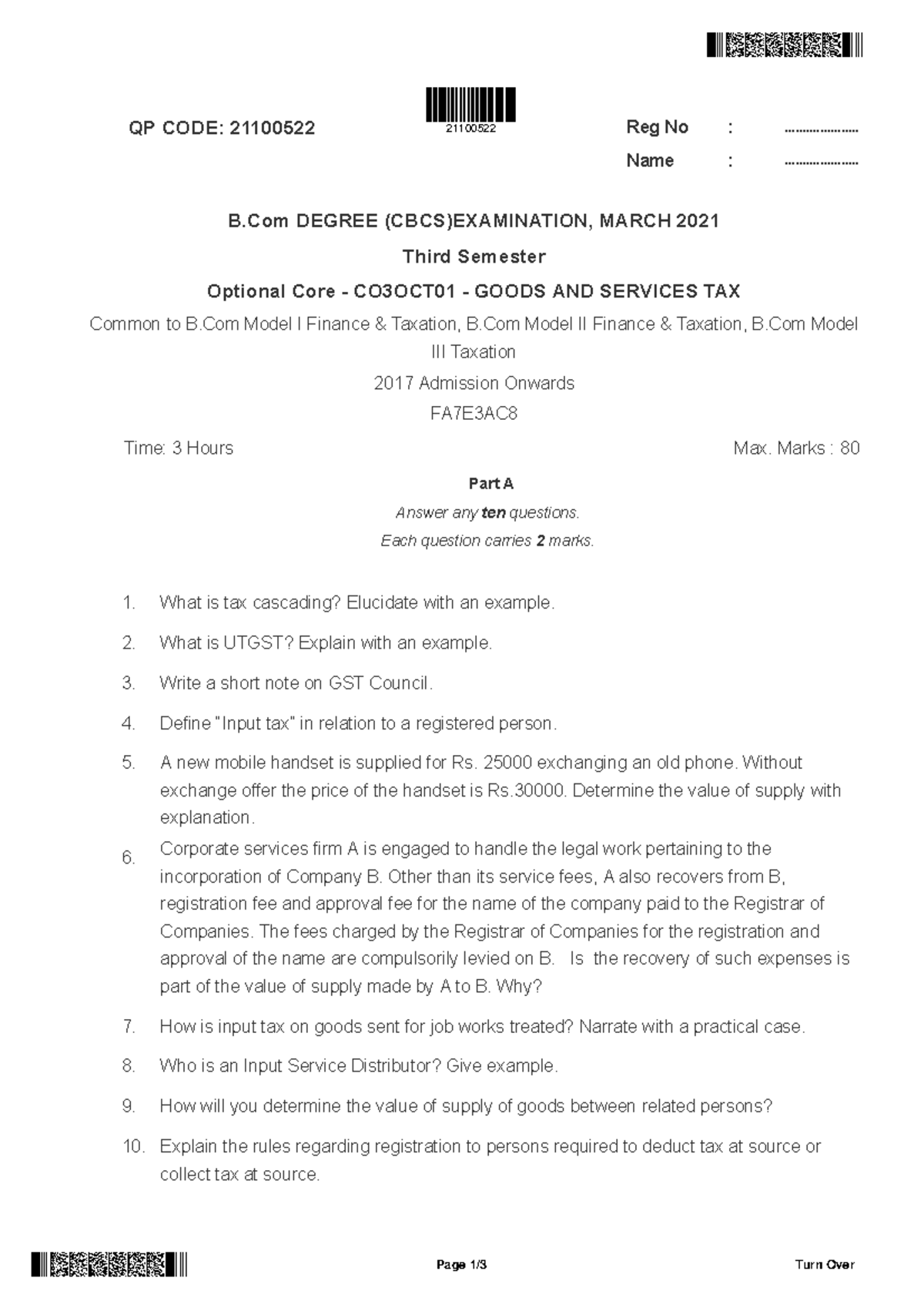 Goods AND Services TAX 2021 - QP CODE: 21100522 Reg No : ..................... Name : - Studocu