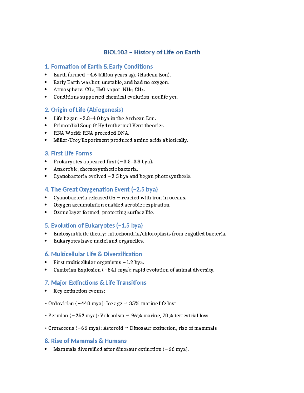 BIOL103 History of Life Revision Notes - BIOL103 – History of Life on ...