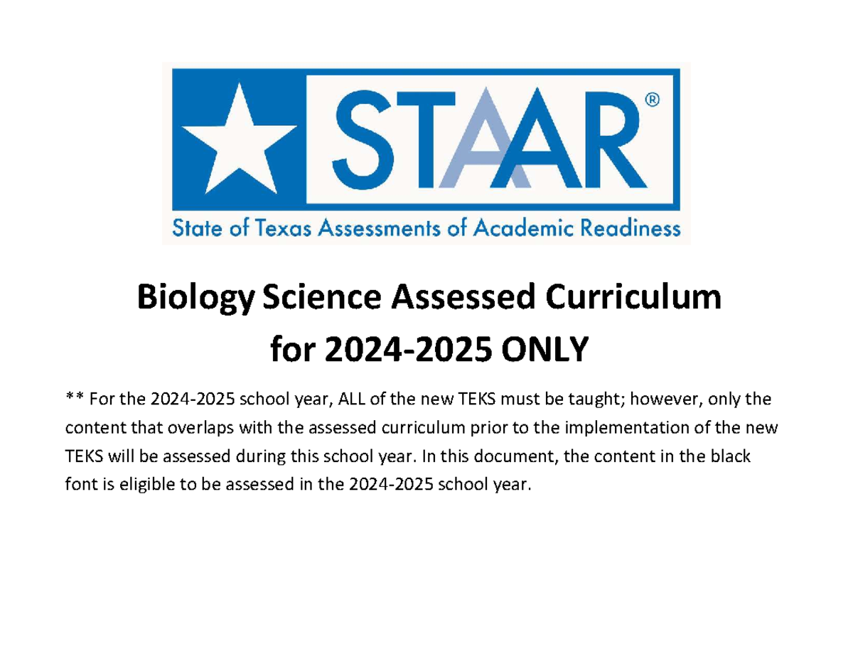 2024-2025 STAAR Biology Assessed Curriculum Overview - Studocu