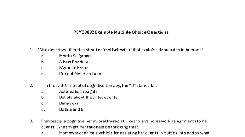 PSYC3082 Final Exam Multiple Choice Questions Review - Studocu