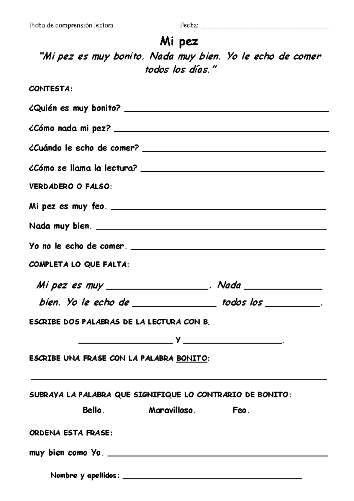 Lectura y Ficha 1: Comprensión Lectora sobre Mi Pez - Studocu