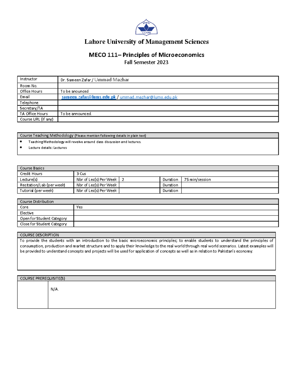 MECO 111 - Principles of Microeconomics - Dr. Sameen Zafar - Ummad ...