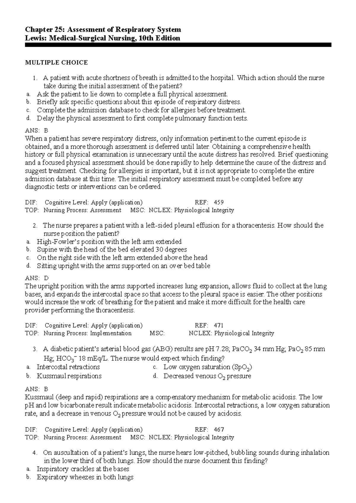 Assess resp - test bank for resp. system - Chapter 25: Assessment of ...