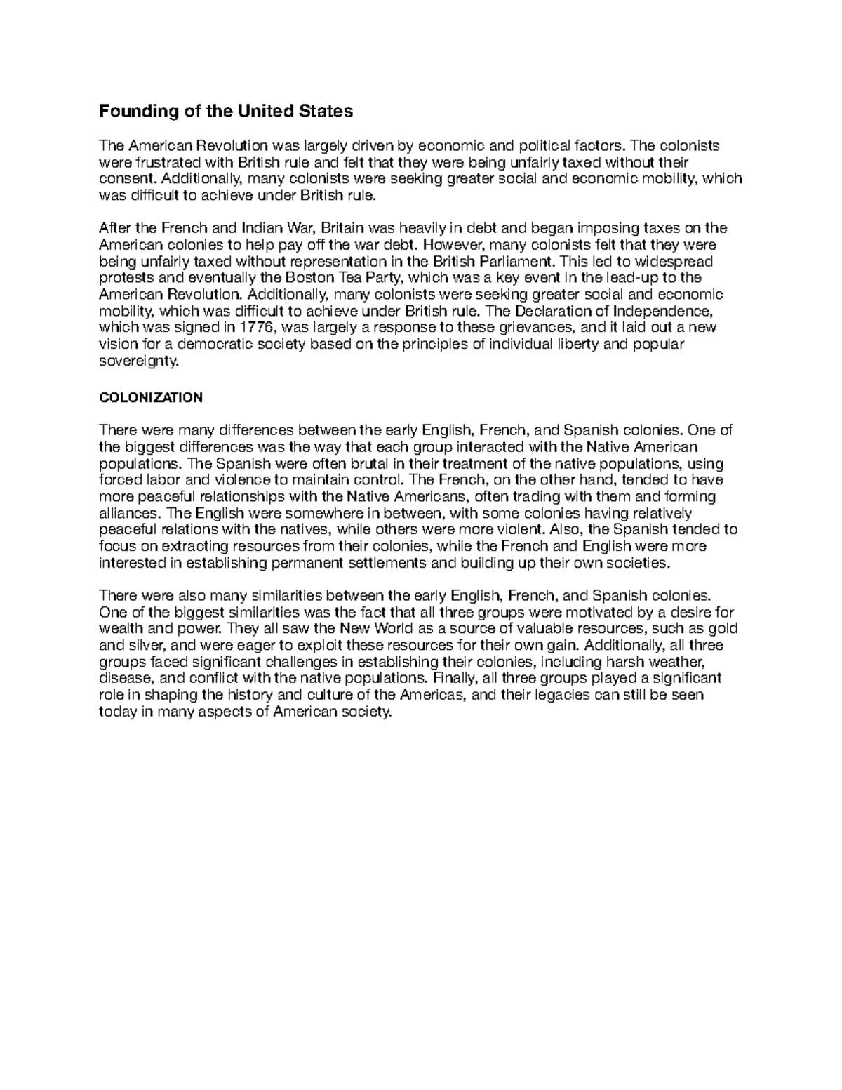 US History: Founding and Colonization Strategies Overview - Studocu