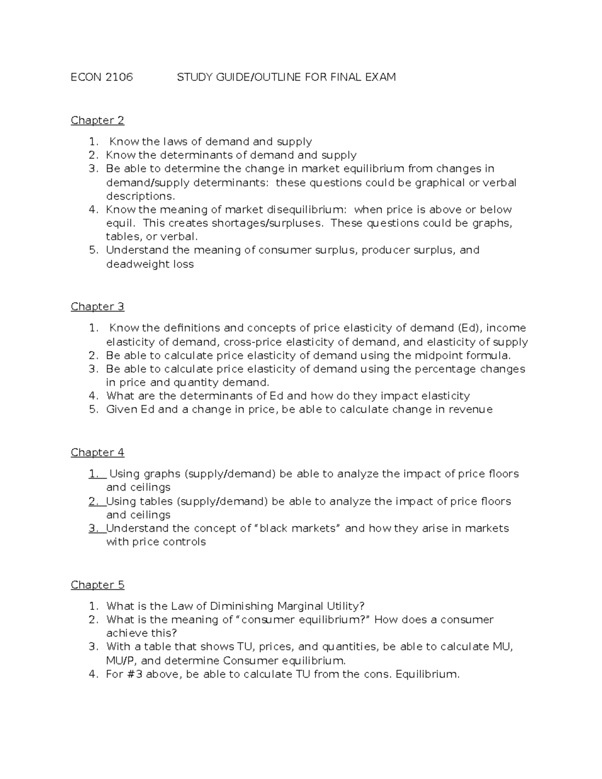 ECON 2106 Final Exam Study Guide Outline: Key Concepts & Topics - ECON ...