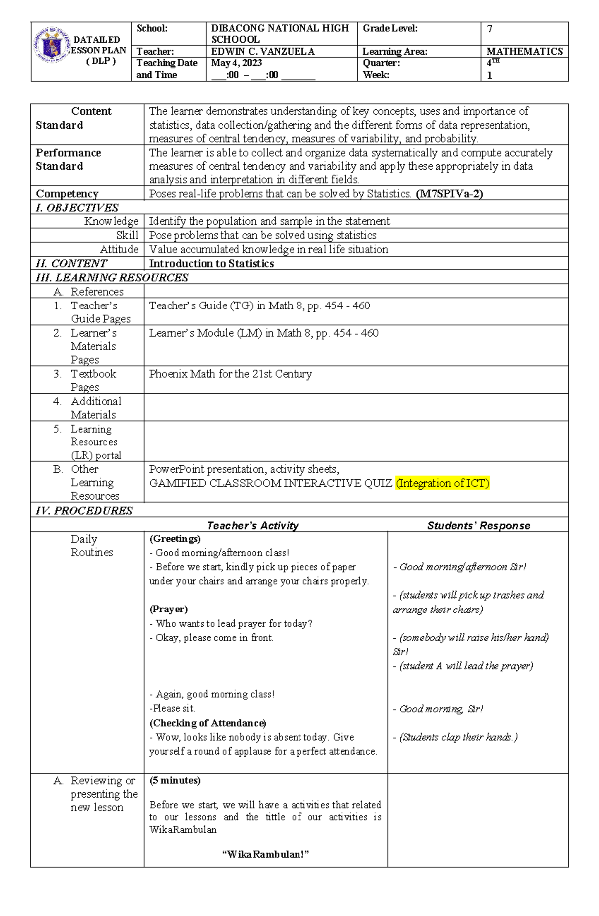 COT MATH 8 Lesson Plan: Understanding Statistics & Data Representation - Studocu