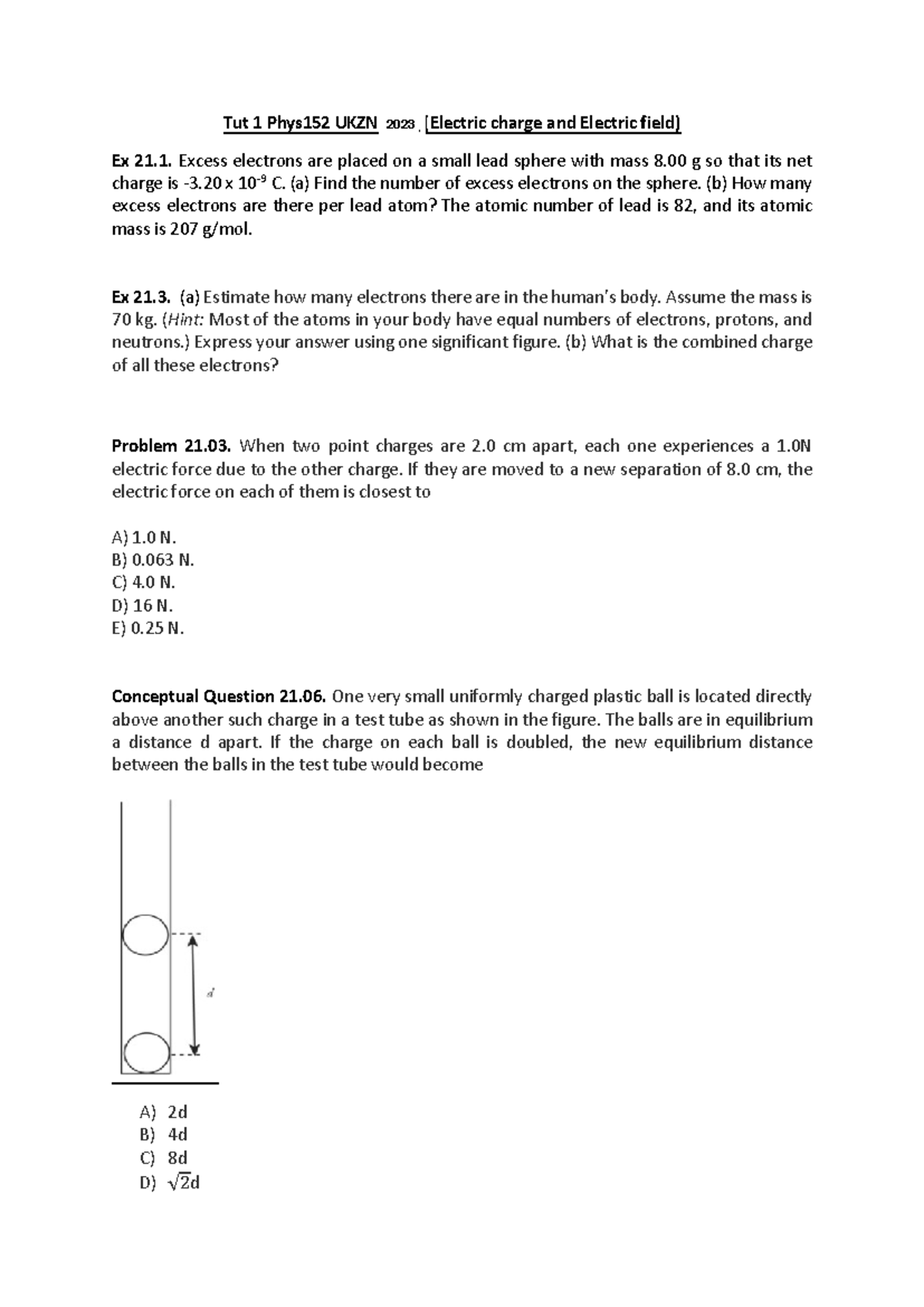 Tut 1 Phys152 UKZN 2021 - Electric Charge & Field Practice Questions ...
