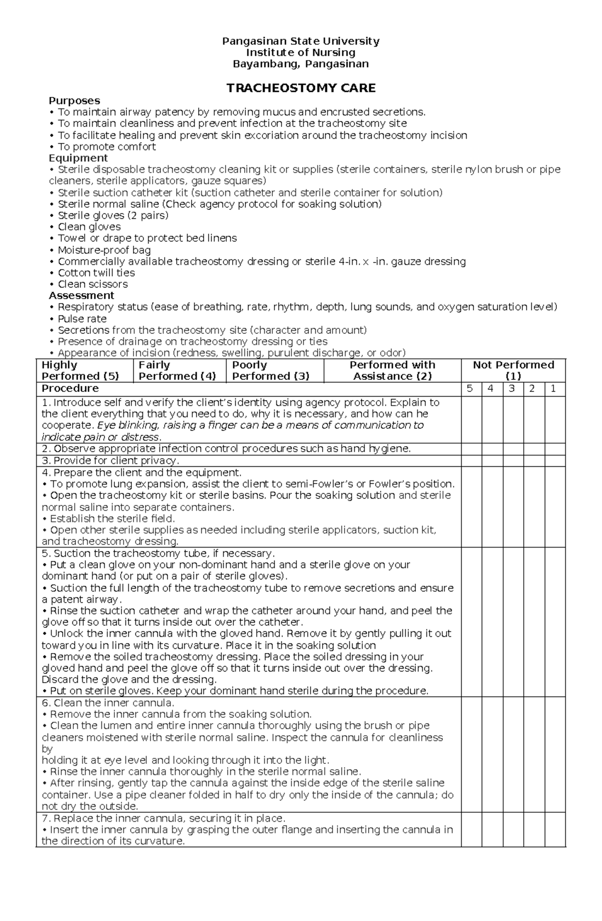 Tracheostomy Care Checklist - Pangasinan State University Nursing - Studocu