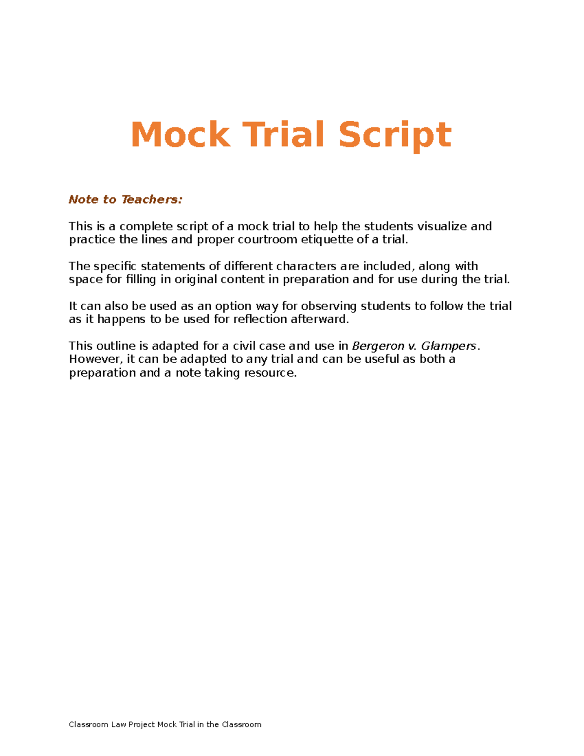 Mock Trial in the Classroom Full Mock Trial Script - Mock Trial Script ...