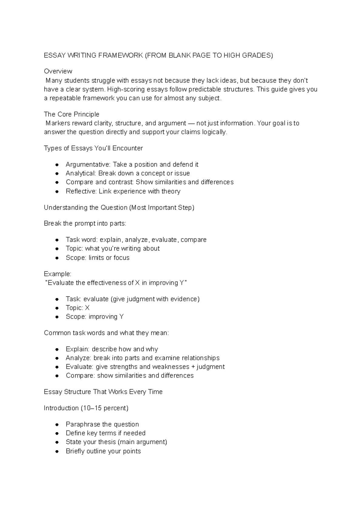 ESSAY WRITING FRAMEWORK: FROM BLANK PAGE TO HIGH GRADES - Studocu