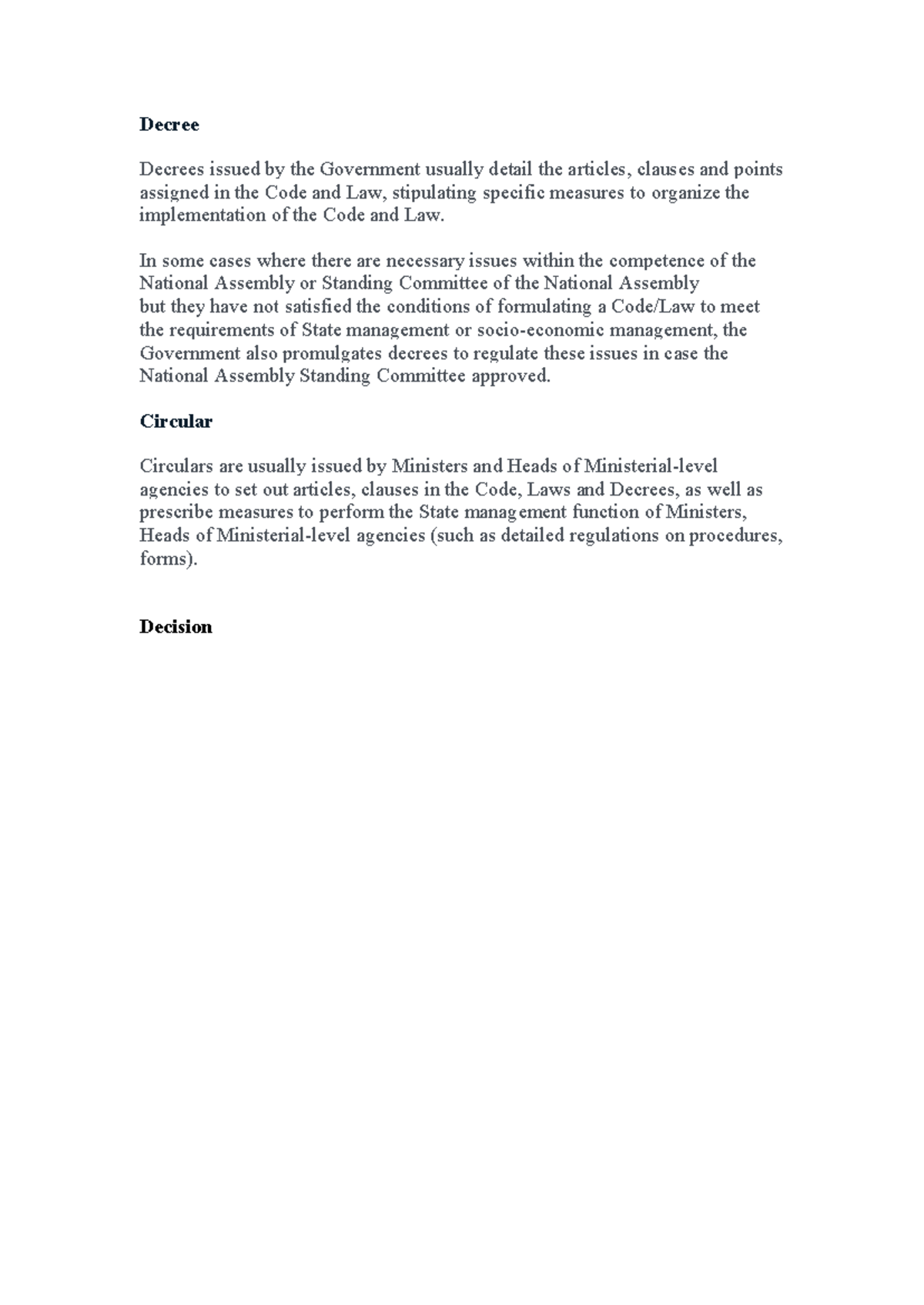 Laws - Summary: Overview of Decrees and Circulars in Law - Studocu
