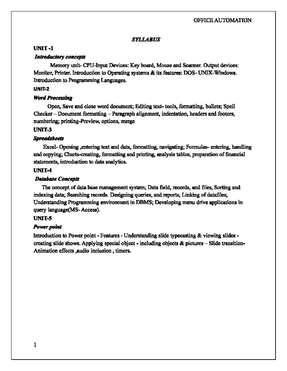 Office Automation Syllabus: Intro to Concepts & Memory Devices - Studocu