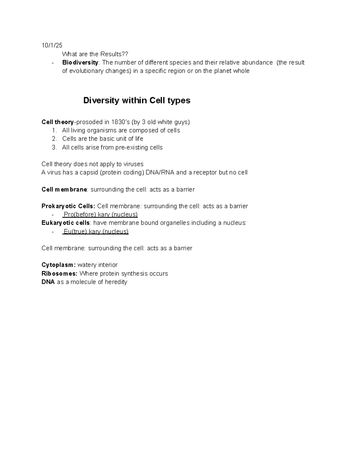 Human Biol 1120G Unit 2: Overview of Biodiversity & Cell Diversity ...