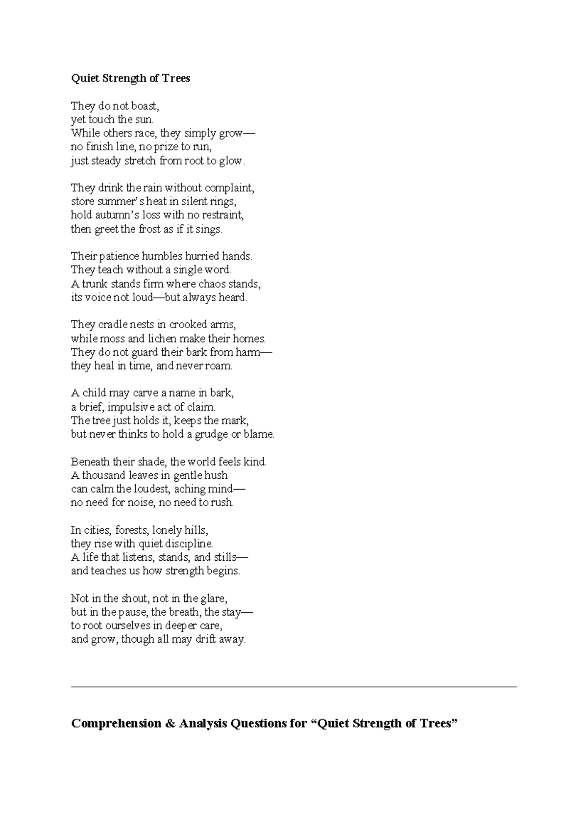 Poem Analysis: Quiet Strength of Trees - Comprehension Questions - Studocu
