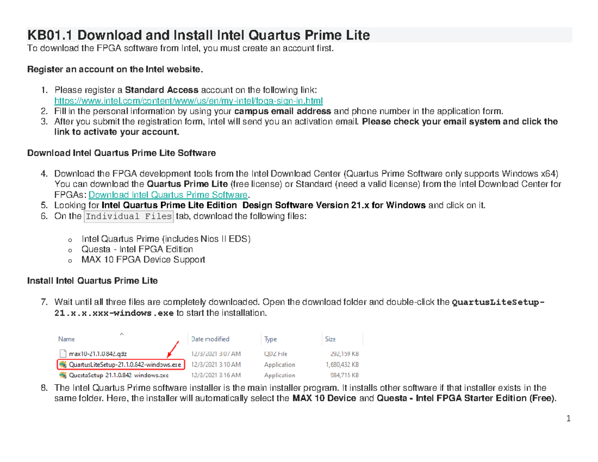 Hướng Dẫn Cài Đặt Intel Quartus Prime Lite 21 - KB01 - Studocu