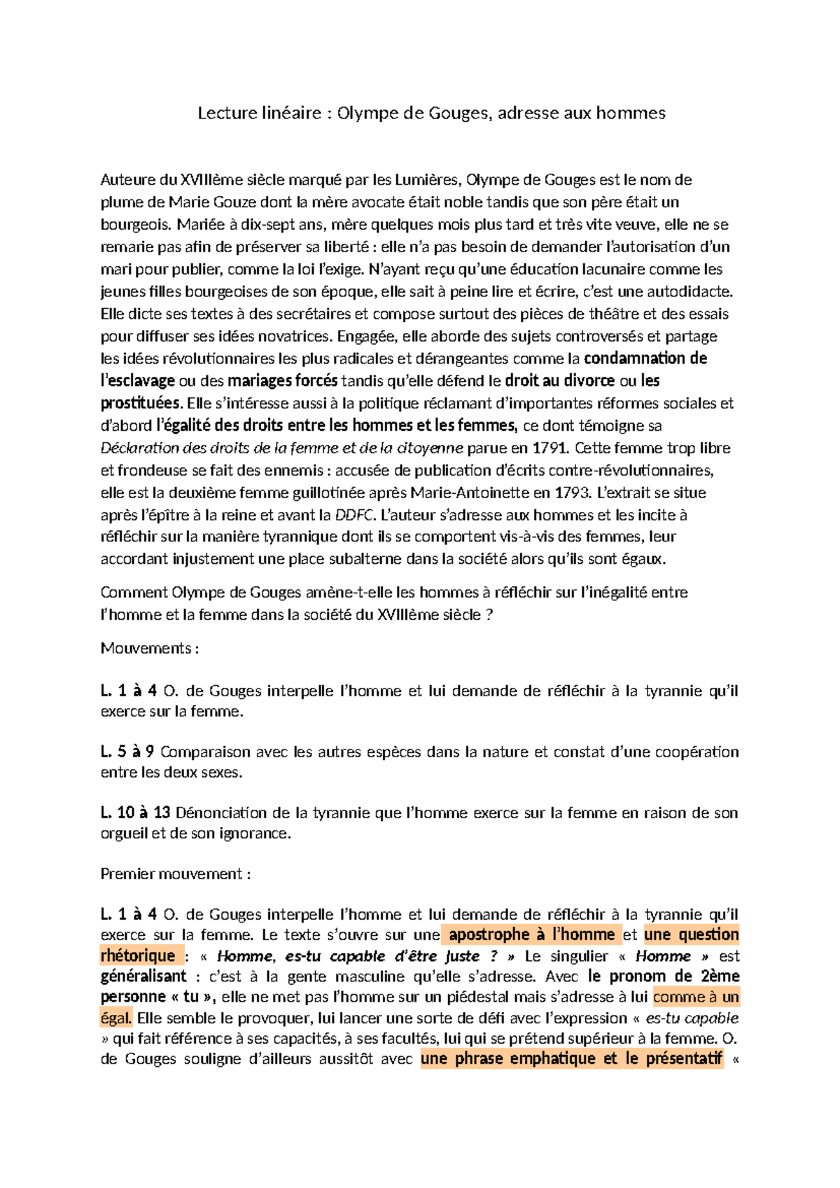 Analyse littéraire : Olympe de Gouges, adresse aux hommes (LL) - Studocu