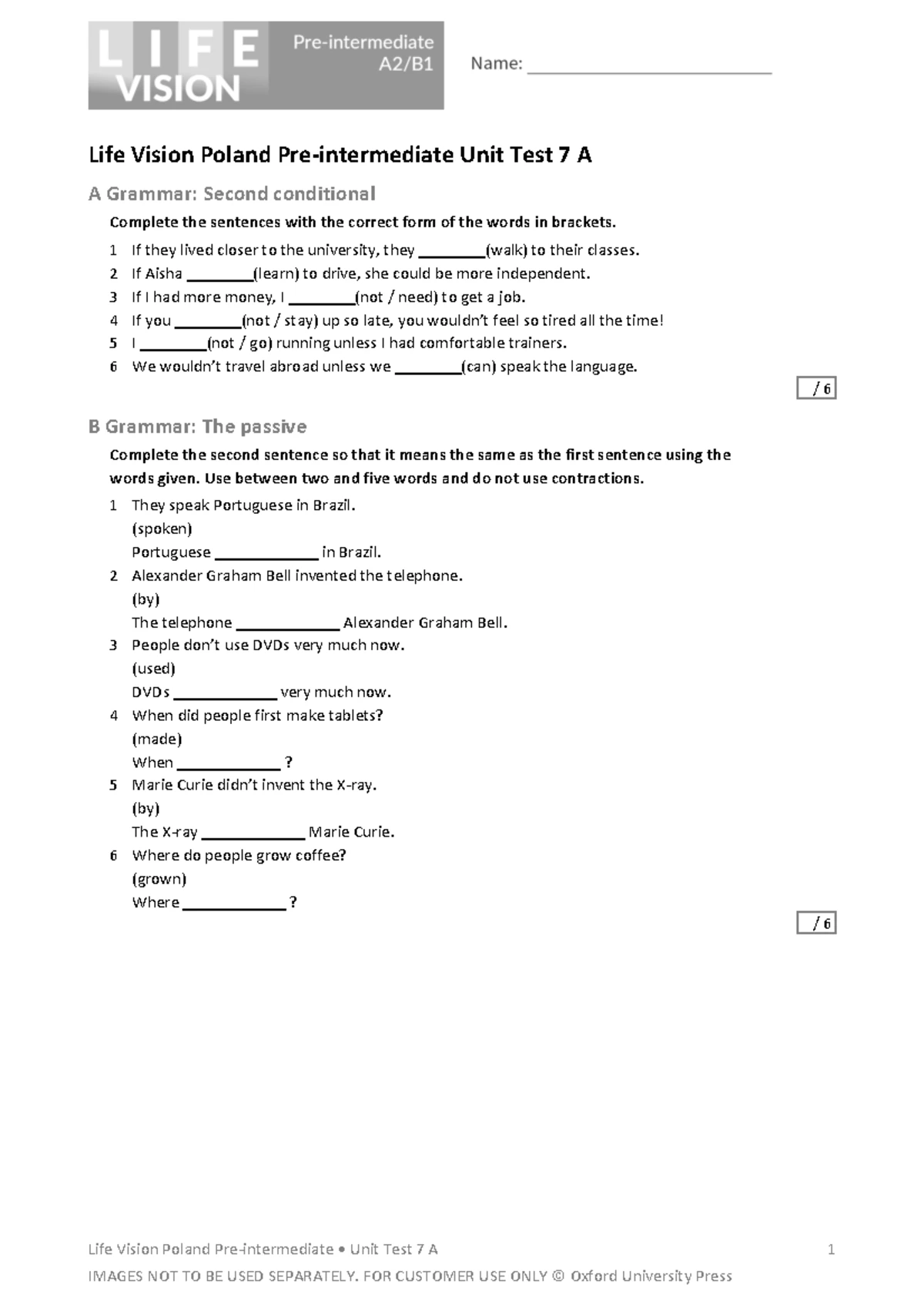 Life Vision Poland Int. Plus Unit Test 7A - Grammar & Vocabulary - Studocu