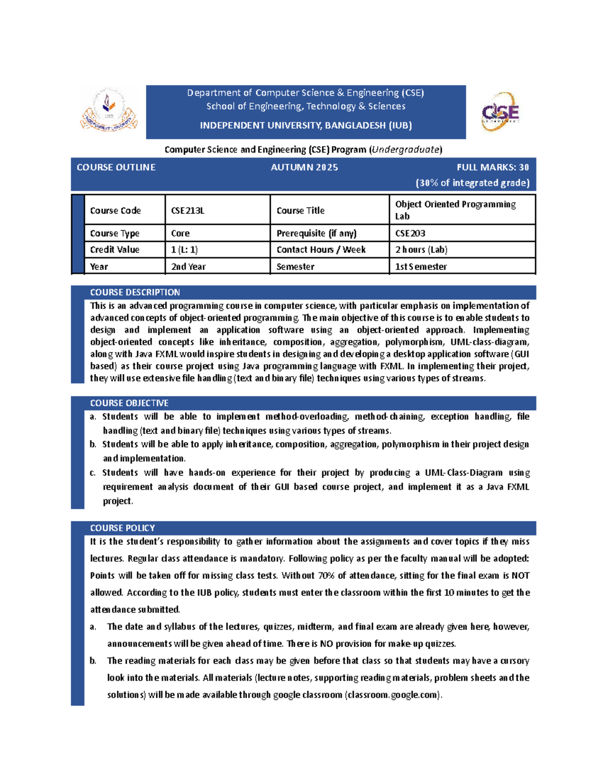 2025 Autumn - CSE213L Object Oriented Programming Lab Outline - Studocu