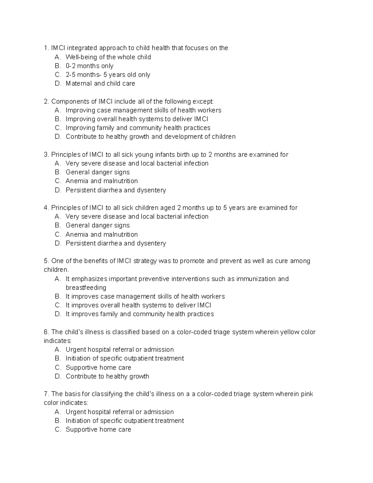 IMCI Quiz: Integrated Approach to Child Health (Final Exam) - Studocu