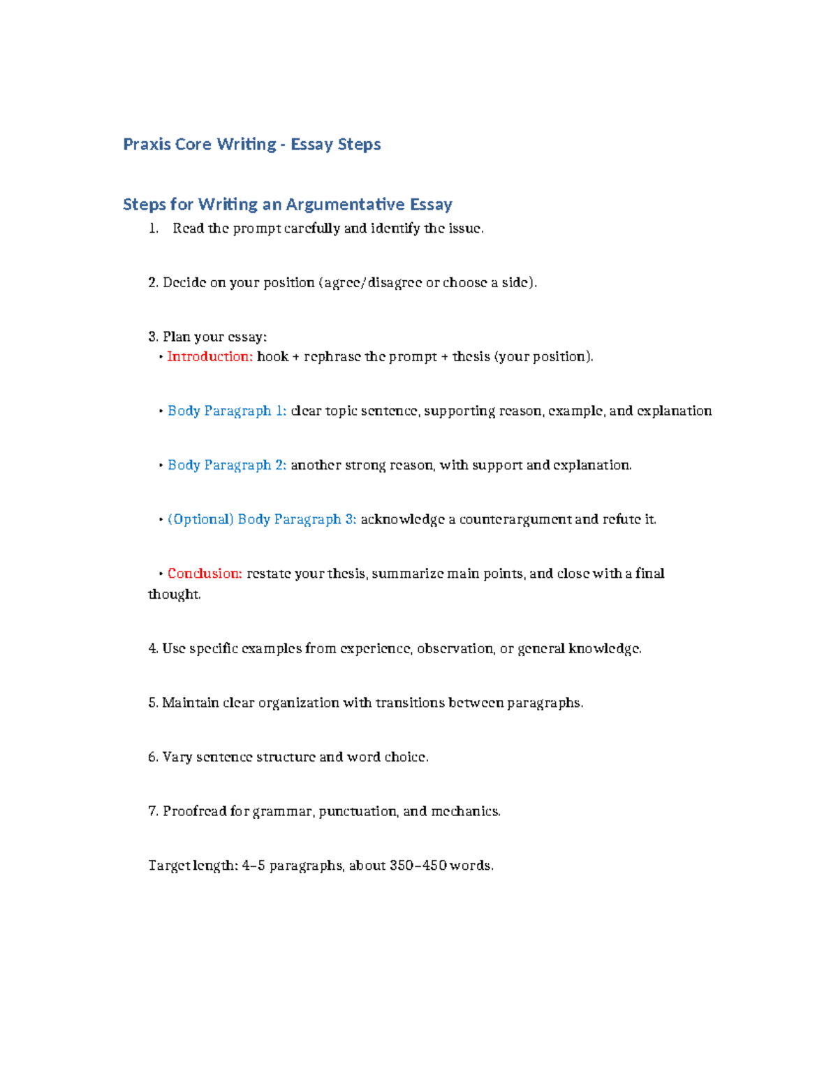 Praxis Core Writing: Steps for Crafting an Argumentative Essay - Studocu