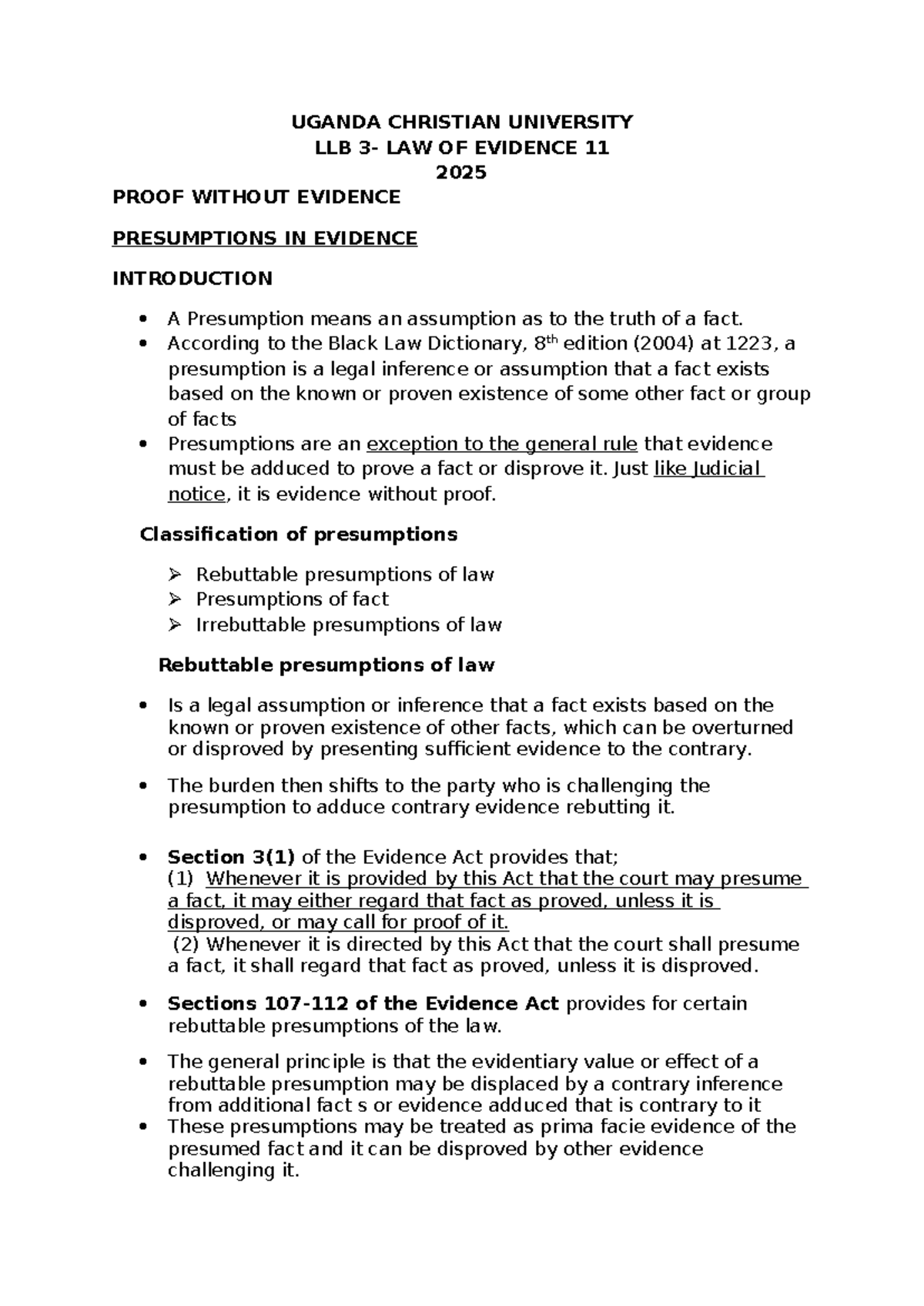 UGANDA CHRISTIAN UNIVERSITY LLB LAW OF EVIDENCE 11 2025 PRESUMPTIONS IN ...