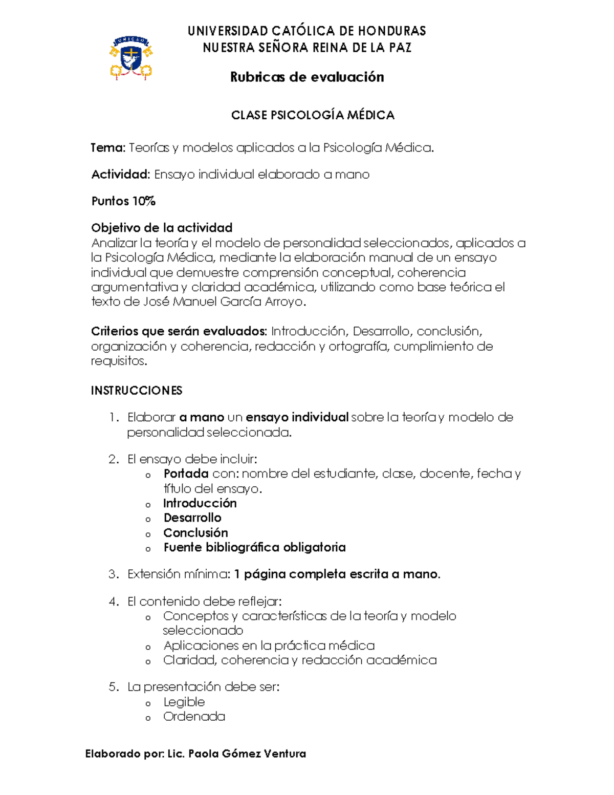 Rubrica Ensayo: Teorías y Modelos en Psicología Médica - PSICO 101 ...